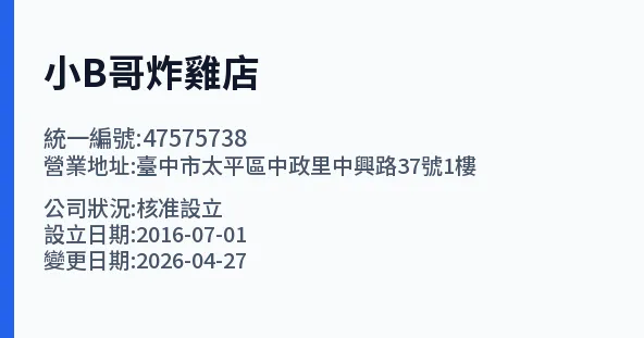 小B哥炸雞店的照片-統編 47575738(臺中市) 公司登記資料與營業項目詳細圖表