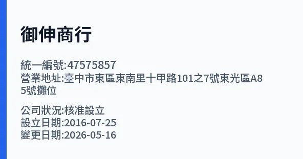 御伸商行的照片-統編 47575857(臺中市) 公司登記資料與營業項目詳細圖表