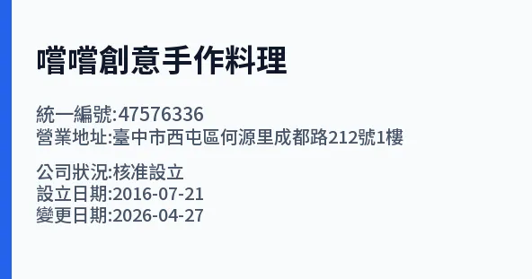 嚐嚐創意手作料理的照片-統編 47576336(臺中市) 公司登記資料與營業項目詳細圖表