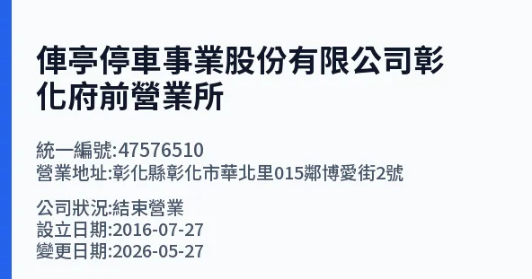 俥亭停車事業股份有限公司彰化府前營業所的照片-統編 47576510(彰化縣) 公司登記資料與營業項目詳細圖表