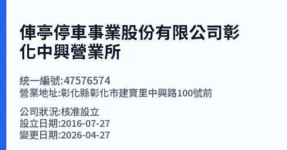 俥亭停車事業股份有限公司彰化中興營業所的照片-統編 47576574(彰化縣) 公司登記資料與營業項目詳細圖表