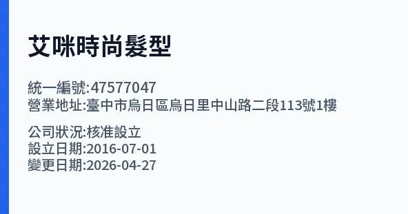 艾咪時尚髮型的照片-統編 47577047(臺中市) 公司登記資料與營業項目詳細圖表