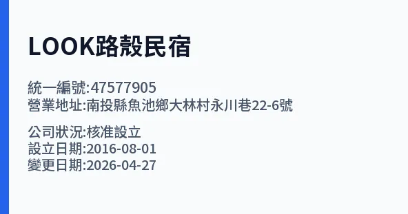 LOOK路殼民宿的照片-統編 47577905(南投縣) 公司登記資料與營業項目詳細圖表