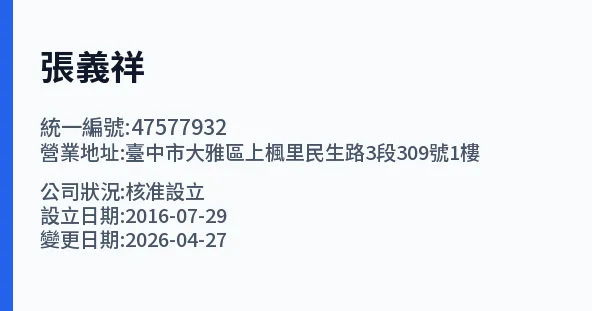 張義祥的照片-統編 47577932(臺中市) 公司登記資料與營業項目詳細圖表
