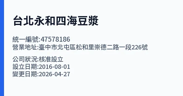 台北永和四海豆漿的照片-統編 47578186(臺中市) 公司登記資料與營業項目詳細圖表