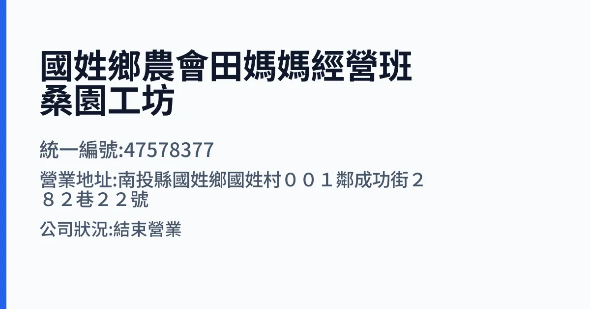國姓鄉農會田媽媽經營班桑園工坊 - 統編 47578377(南投縣) 公司登記資料與營業項目詳細圖表