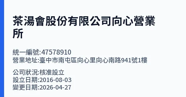 茶湯會股份有限公司向心營業所的照片-統編 47578910(臺中市) 公司登記資料與營業項目詳細圖表