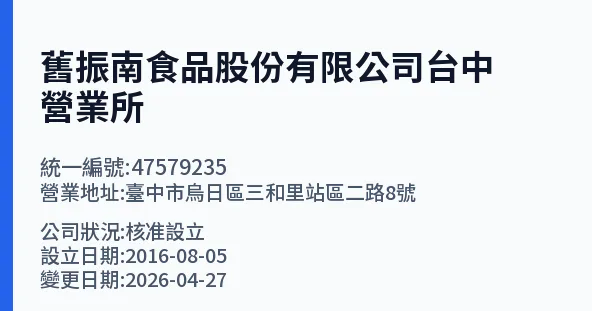 舊振南食品股份有限公司台中營業所的照片-統編 47579235(臺中市) 公司登記資料與營業項目詳細圖表