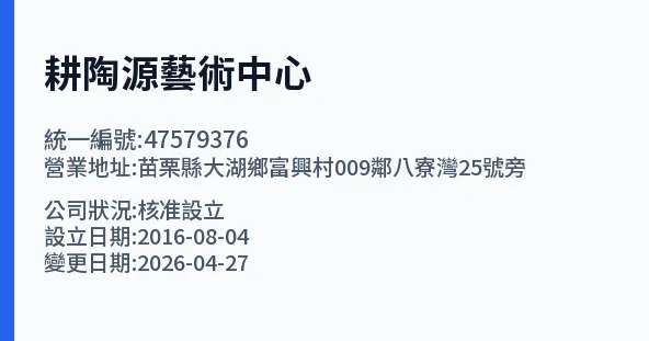 耕陶源藝術中心的照片-統編 47579376(苗栗縣) 公司登記資料與營業項目詳細圖表