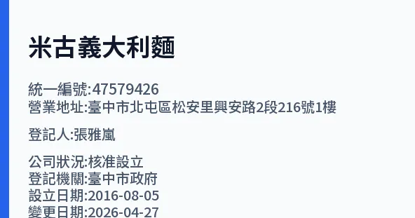 米古義大利麵的照片-統編 47579426(臺中市) 公司登記資料與營業項目詳細圖表