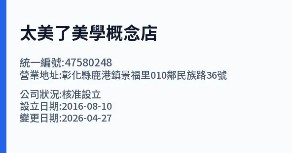 太美了美學概念店的照片-統編 47580248(彰化縣) 公司登記資料與營業項目詳細圖表