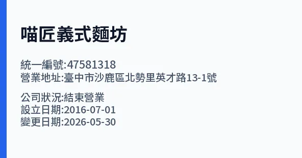 喵匠義式麵坊的照片-統編 47581318(臺中市) 公司登記資料與營業項目詳細圖表