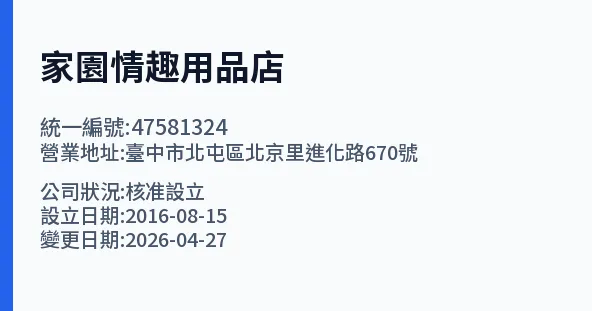 家園情趣用品店的照片-統編 47581324(臺中市) 公司登記資料與營業項目詳細圖表