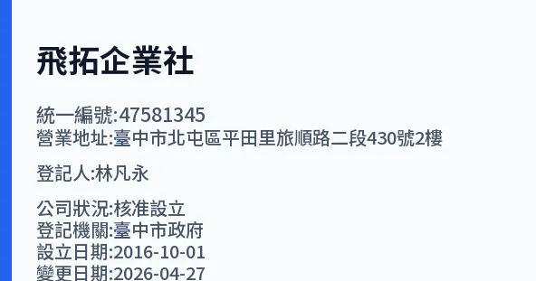 飛拓企業社的照片-統編 47581345(臺中市) 公司登記資料與營業項目詳細圖表