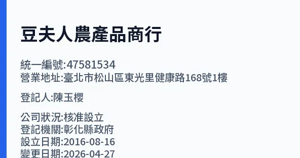 豆夫人農產品商行的照片-統編 47581534(臺北市) 公司登記資料與營業項目詳細圖表