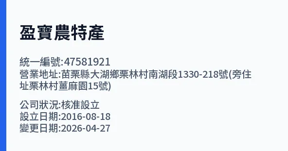 盈寶農特產的照片-統編 47581921(苗栗縣) 公司登記資料與營業項目詳細圖表