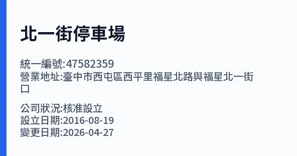 北一街停車場的照片-統編 47582359(臺中市) 公司登記資料與營業項目詳細圖表