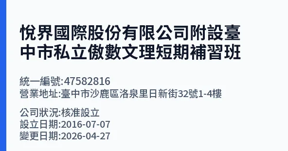 悅界國際股份有限公司附設臺中市私立傲數文理短期補習班的照片-統編 47582816(臺中市) 公司登記資料與營業項目詳細圖表
