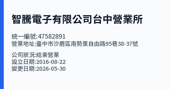 智騰電子有限公司台中營業所的照片-統編 47582891(臺中市) 公司登記資料與營業項目詳細圖表