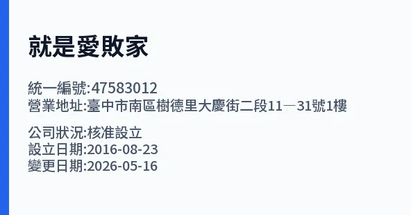 就是愛敗家的照片-統編 47583012(臺中市) 公司登記資料與營業項目詳細圖表