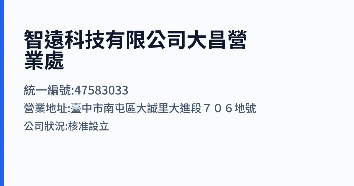 智遠科技有限公司大昌營業處 - 統編 47583033(臺中市) 公司登記資料與營業項目詳細圖表