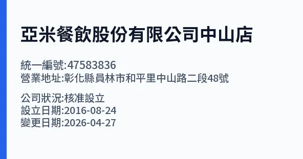 亞米餐飲股份有限公司中山店的照片-統編 47583836(彰化縣) 公司登記資料與營業項目詳細圖表