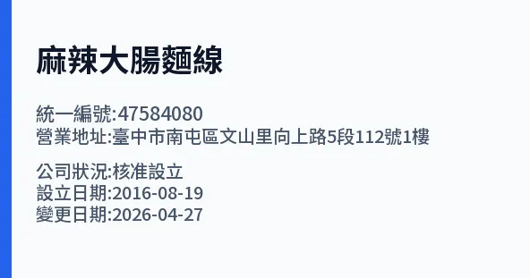 麻辣大腸麵線的照片-統編 47584080(臺中市) 公司登記資料與營業項目詳細圖表