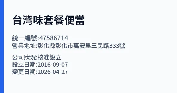 台灣味套餐便當的照片-統編 47586714(彰化縣) 公司登記資料與營業項目詳細圖表