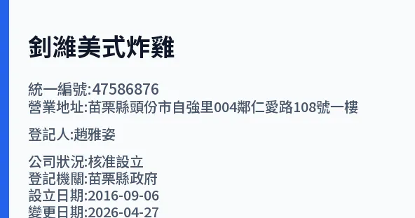 釗濰美式炸雞的照片-統編 47586876(苗栗縣) 公司登記資料與營業項目詳細圖表