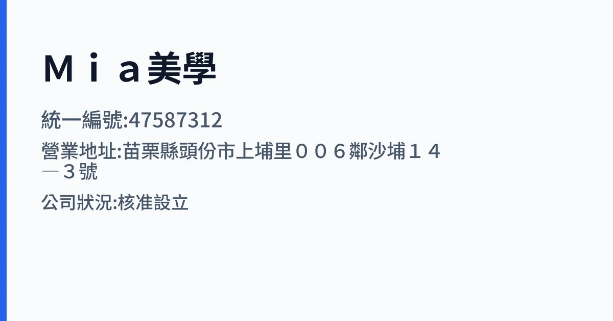 Mia美學 - 統編 47587312(苗栗縣) 公司登記資料與營業項目詳細圖表