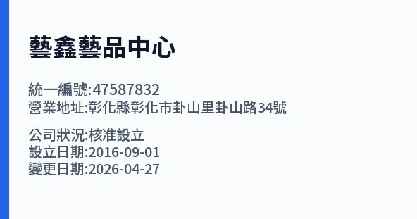 藝鑫藝品中心的照片-統編 47587832(彰化縣) 公司登記資料與營業項目詳細圖表
