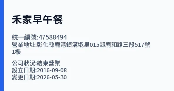 禾家早午餐的照片-統編 47588494(彰化縣) 公司登記資料與營業項目詳細圖表