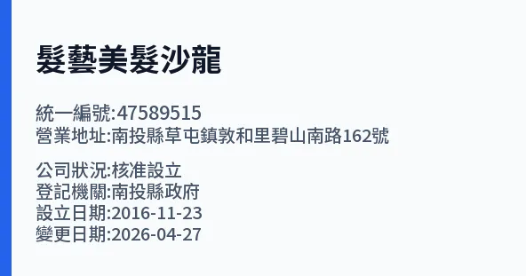 髮藝美髮沙龍的照片-統編 47589515(南投縣) 公司登記資料與營業項目詳細圖表