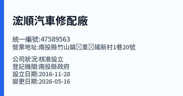 浤順汽車修配廠的照片-統編 47589563(南投縣) 公司登記資料與營業項目詳細圖表