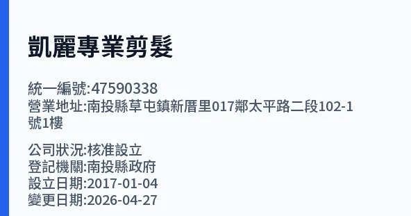 凱麗專業剪髮的照片-統編 47590338(南投縣) 公司登記資料與營業項目詳細圖表