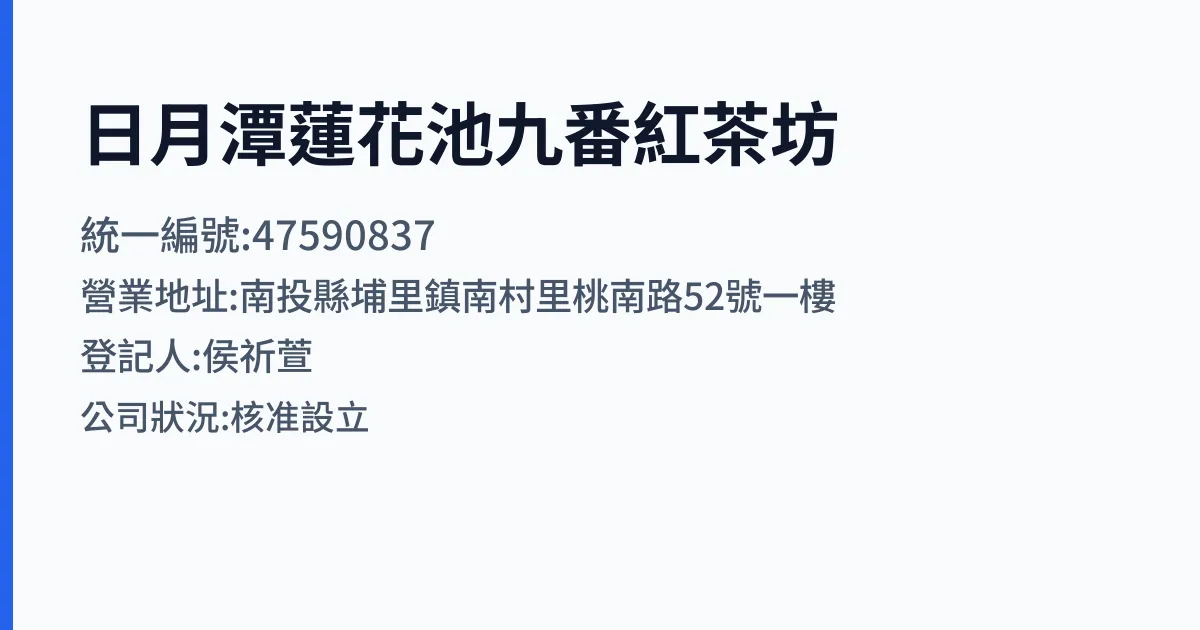 日月潭蓮花池九番紅茶坊 - 統編 47590837(南投縣) 公司登記資料與營業項目詳細圖表
