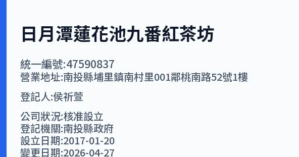 日月潭蓮花池九番紅茶坊的照片-統編 47590837(南投縣) 公司登記資料與營業項目詳細圖表