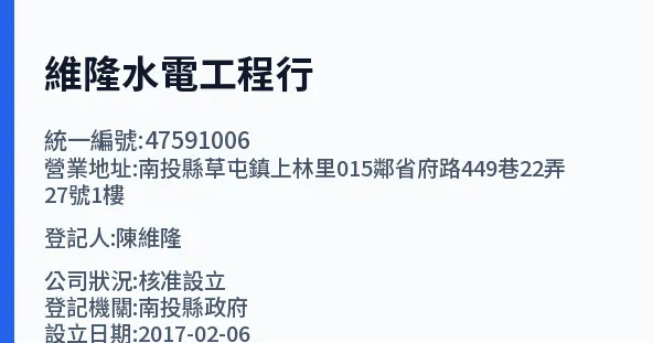 維隆水電工程行的照片-統編 47591006(南投縣) 公司登記資料與營業項目詳細圖表