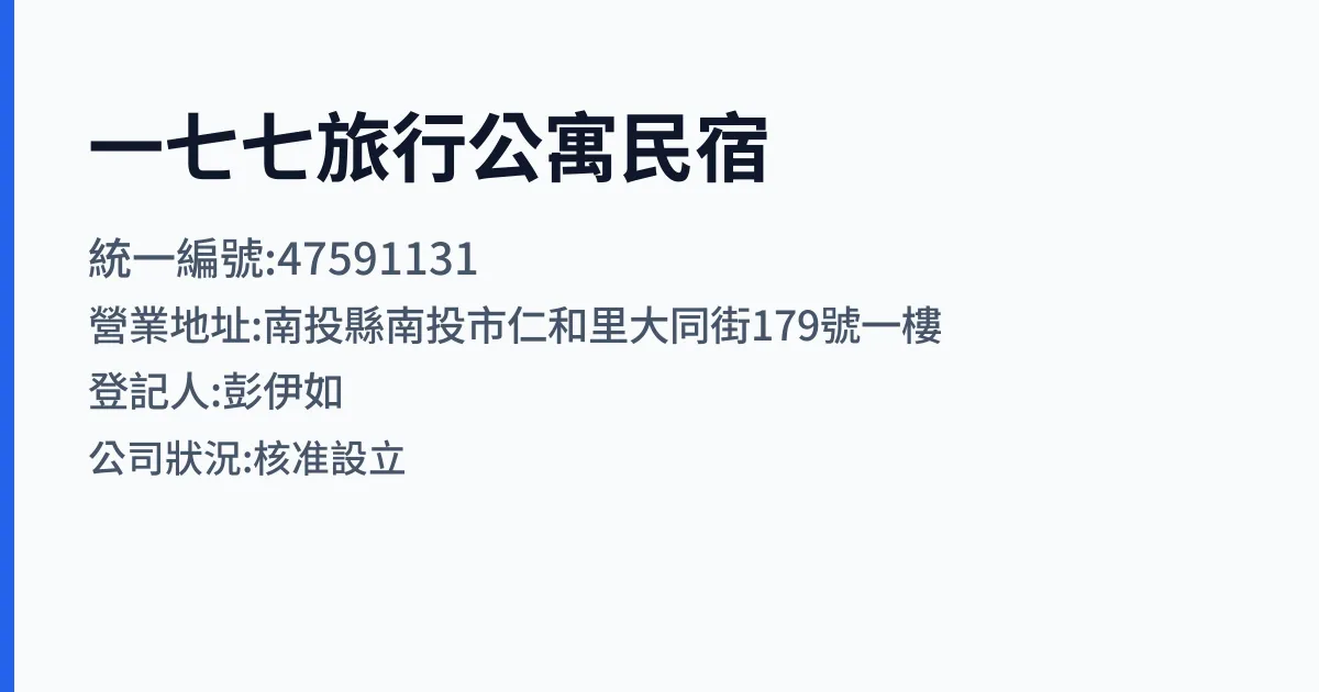 一七七旅行公寓民宿 - 統編 47591131(南投縣) 公司登記資料與營業項目詳細圖表