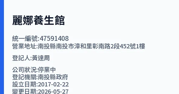 麗娜養生館的照片-統編 47591408(南投縣) 公司登記資料與營業項目詳細圖表