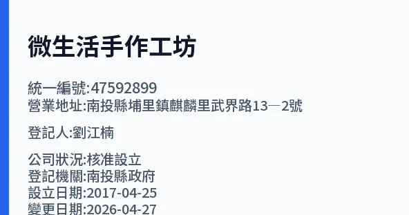 微生活手作工坊的照片-統編 47592899(南投縣) 公司登記資料與營業項目詳細圖表