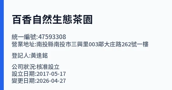 百香自然生態茶園的照片-統編 47593308(南投縣) 公司登記資料與營業項目詳細圖表