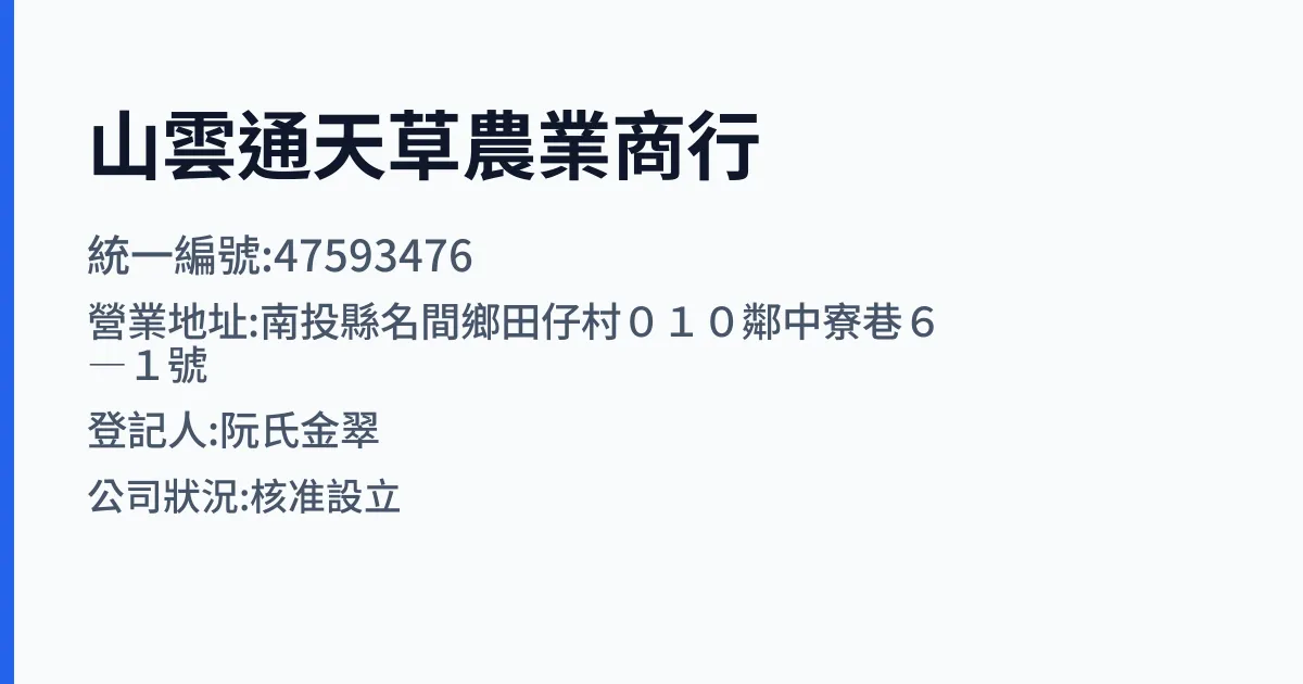 山雲通天草農業商行 - 統編 47593476(南投縣) 公司登記資料與營業項目詳細圖表