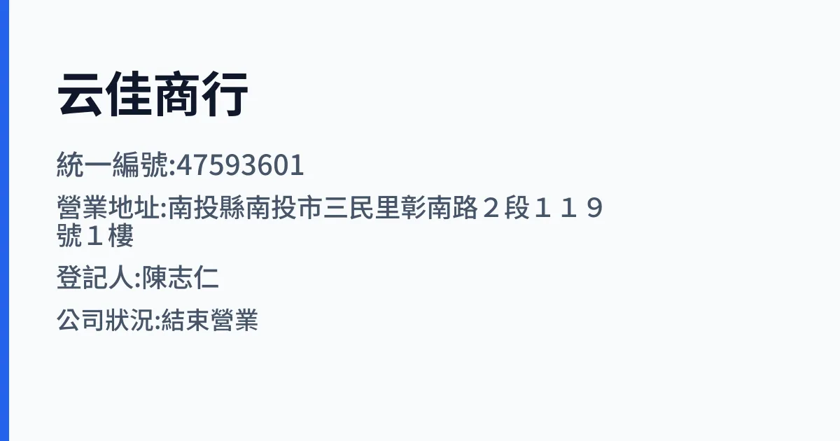 云佳商行 - 統編 47593601(南投縣) 公司登記資料與營業項目詳細圖表