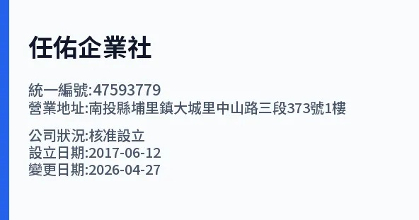 任佑企業社的照片-統編 47593779(南投縣) 公司登記資料與營業項目詳細圖表