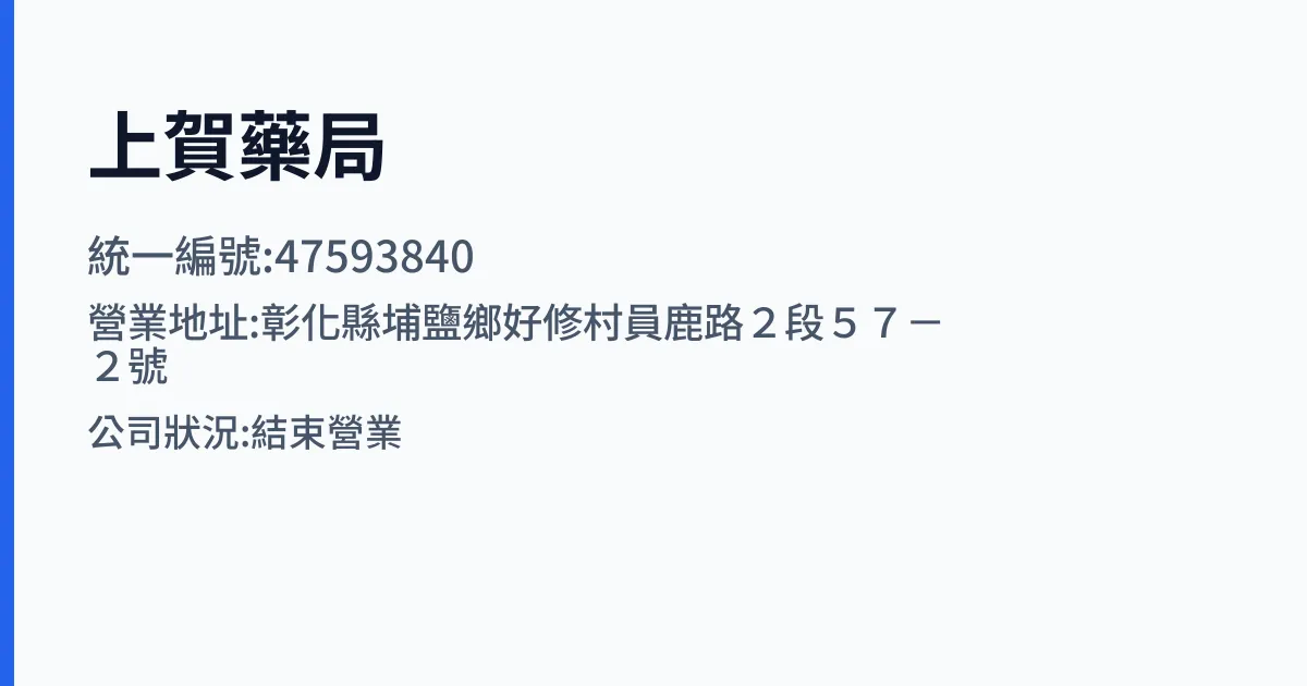 上賀藥局 - 統編 47593840(彰化縣) 公司登記資料與營業項目詳細圖表