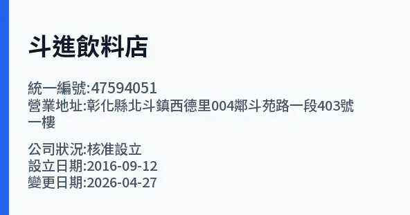 斗進飲料店的照片-統編 47594051(彰化縣) 公司登記資料與營業項目詳細圖表
