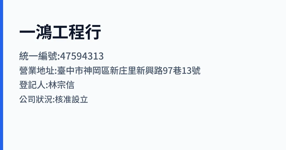 一鴻工程行 - 統編 47594313(臺中市) 公司登記資料與營業項目詳細圖表
