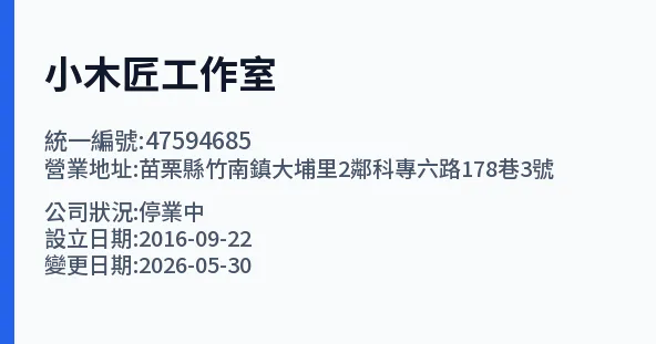 小木匠工作室的照片-統編 47594685(苗栗縣) 公司登記資料與營業項目詳細圖表
