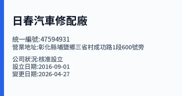 日春汽車修配廠的照片-統編 47594931(彰化縣) 公司登記資料與營業項目詳細圖表